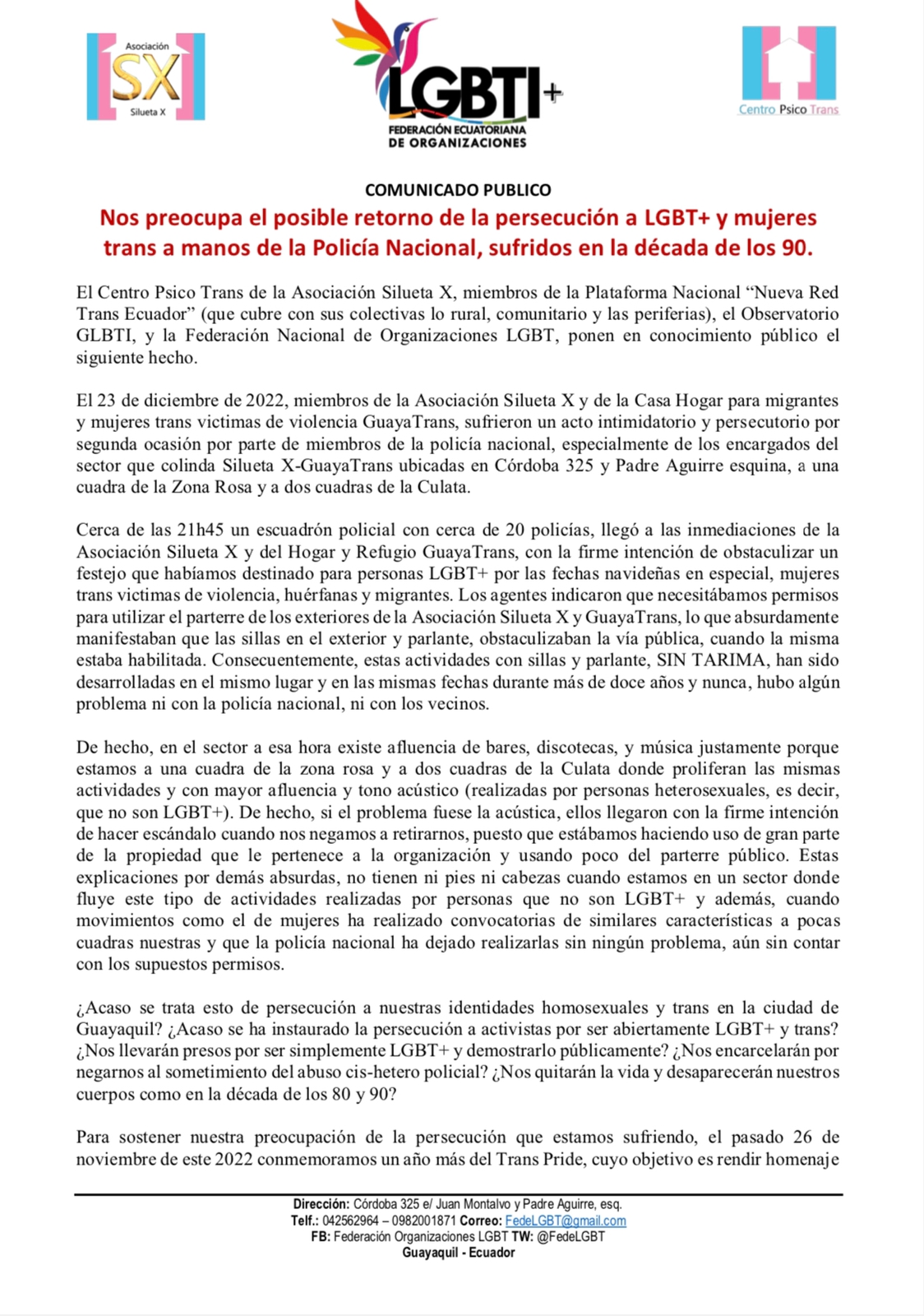 COMUNICADO: Nos preocupa el posible retorno de la persecución a LGBT+ y mujeres trans a manos de ...